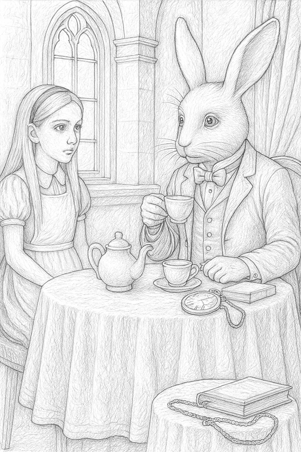 Alice & the White Rabbit at Tea – Wonderland Coloring Page – 8.5x11 ...