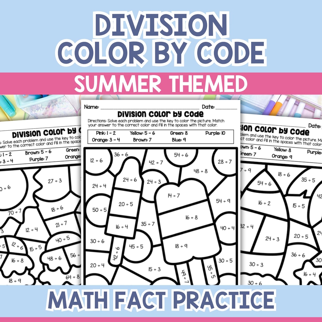 Summer Activities for Kids Division Color by Number Worksheets Math ...
