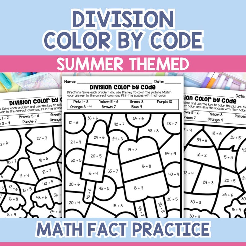 Summer Activities for Kids Division Color by Number Worksheets Math ...