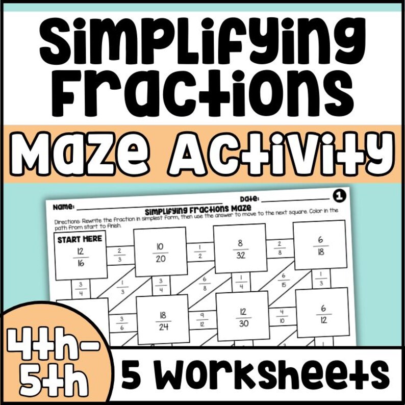 Simplifying Fractions Maze Worksheets: 4th & 5th Grade Math - Etsy