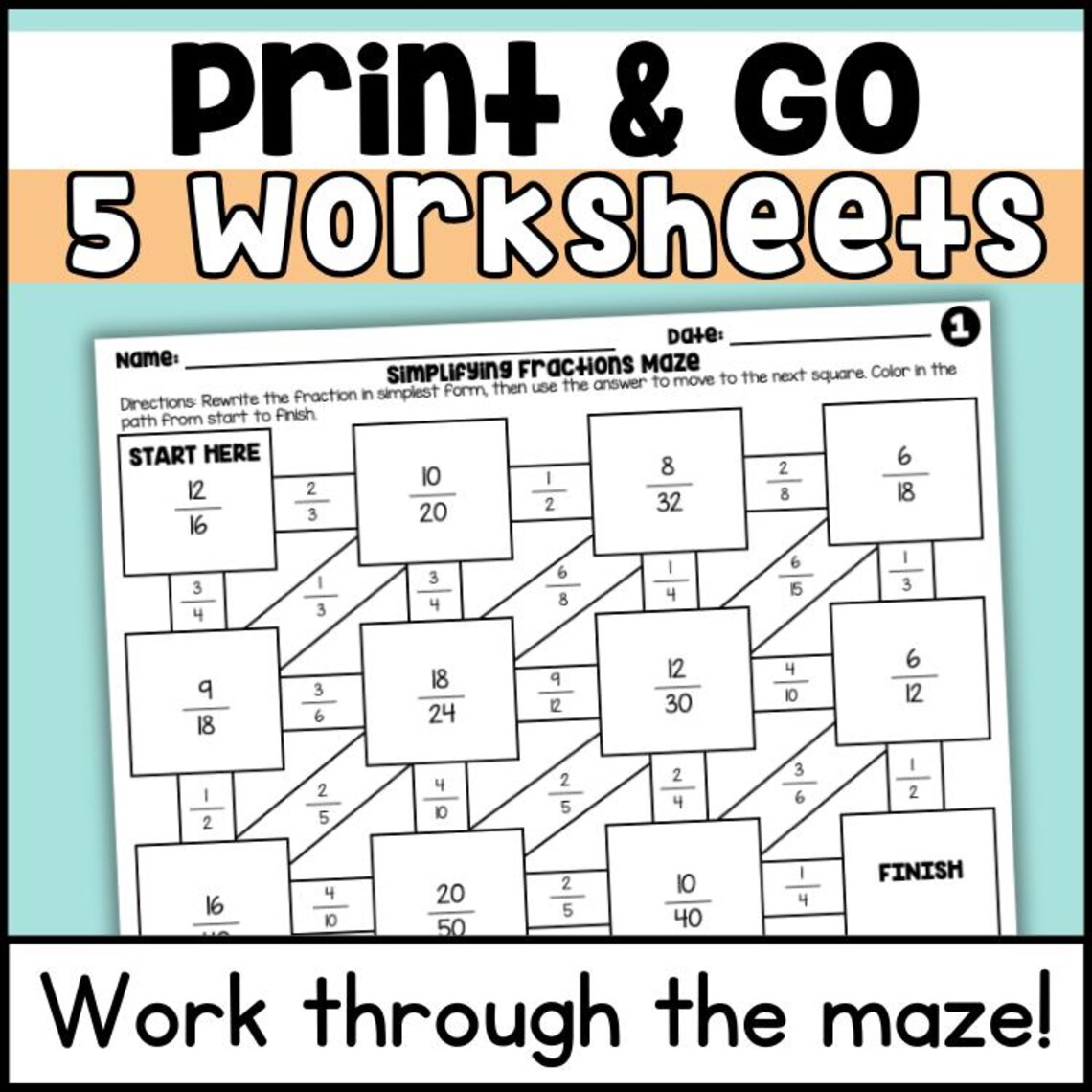 Simplifying Fractions Maze Worksheets: 4th & 5th Grade Math - Etsy