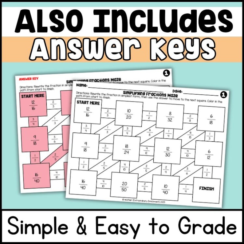 Simplifying Fractions Maze Worksheets: 4th & 5th Grade Math - Etsy