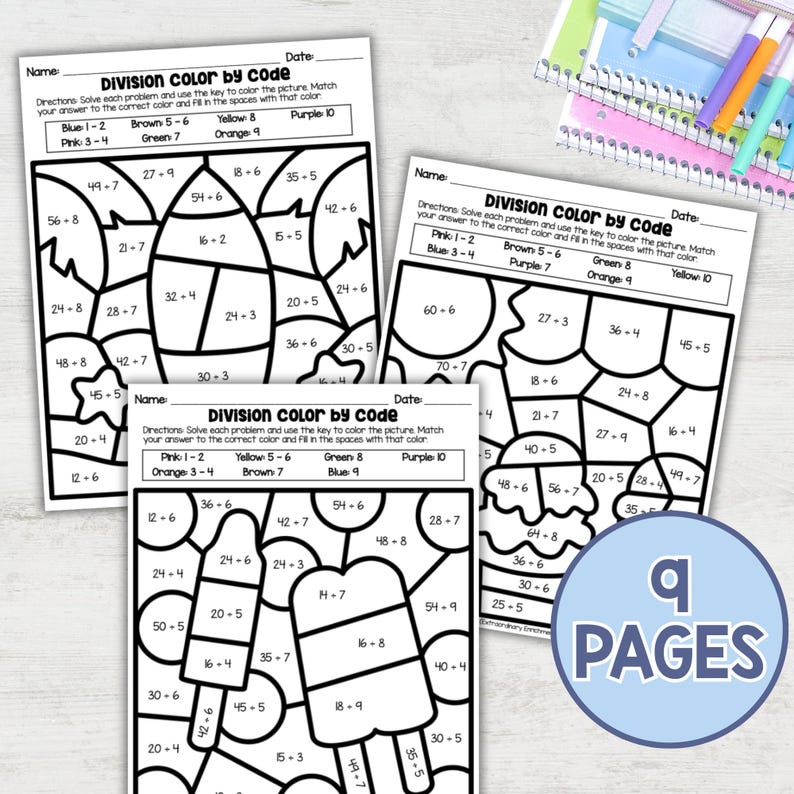 Summer Activities for Kids Division Color by Number Worksheets Math ...