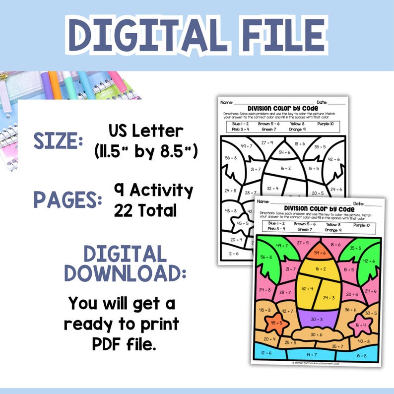 Summer Activities for Kids Division Color by Number Worksheets Math ...