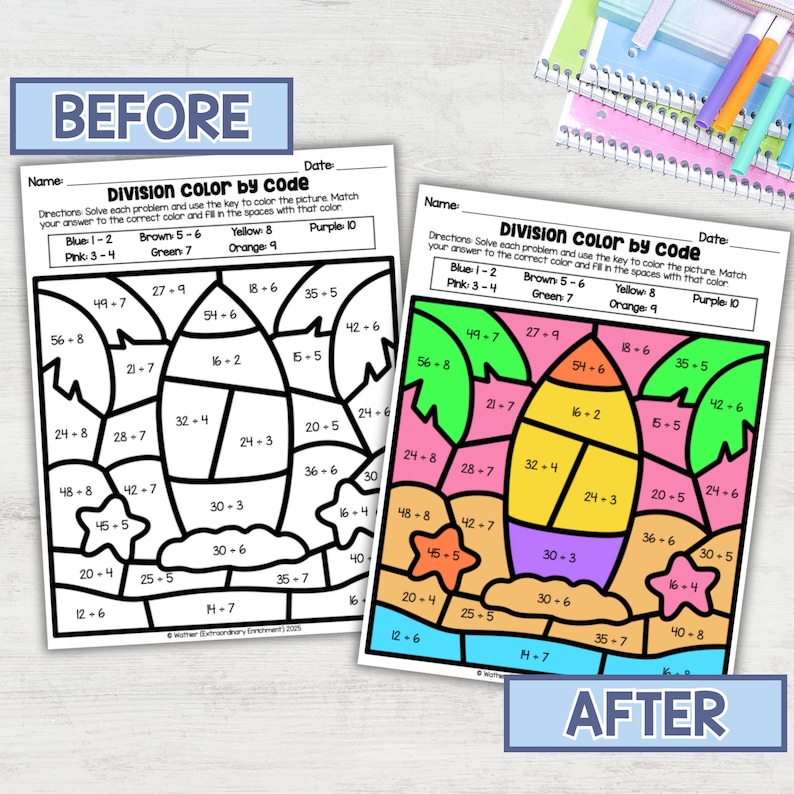 Summer Activities for Kids Division Color by Number Worksheets Math ...