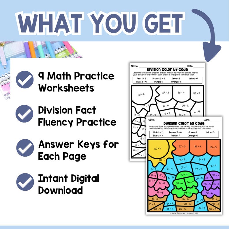 Summer Activities for Kids Division Color by Number Worksheets Math ...