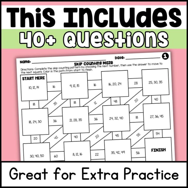 Skip Counting Multiplication Maze: 2nd-3rd Grade Math Worksheets - Etsy