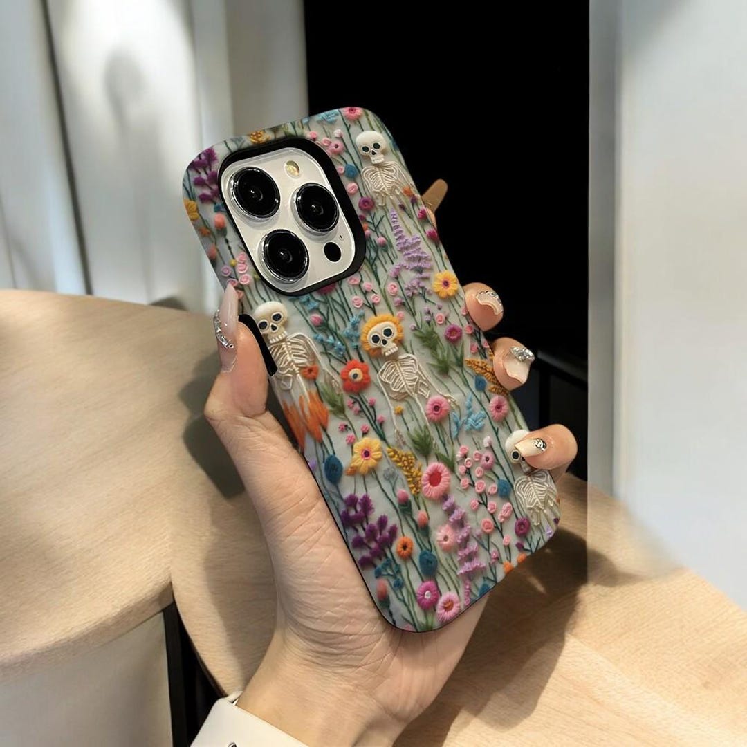 Skull Embroidery iPhone Case: Floral Skeleton Design, Hard Shell - Etsy
