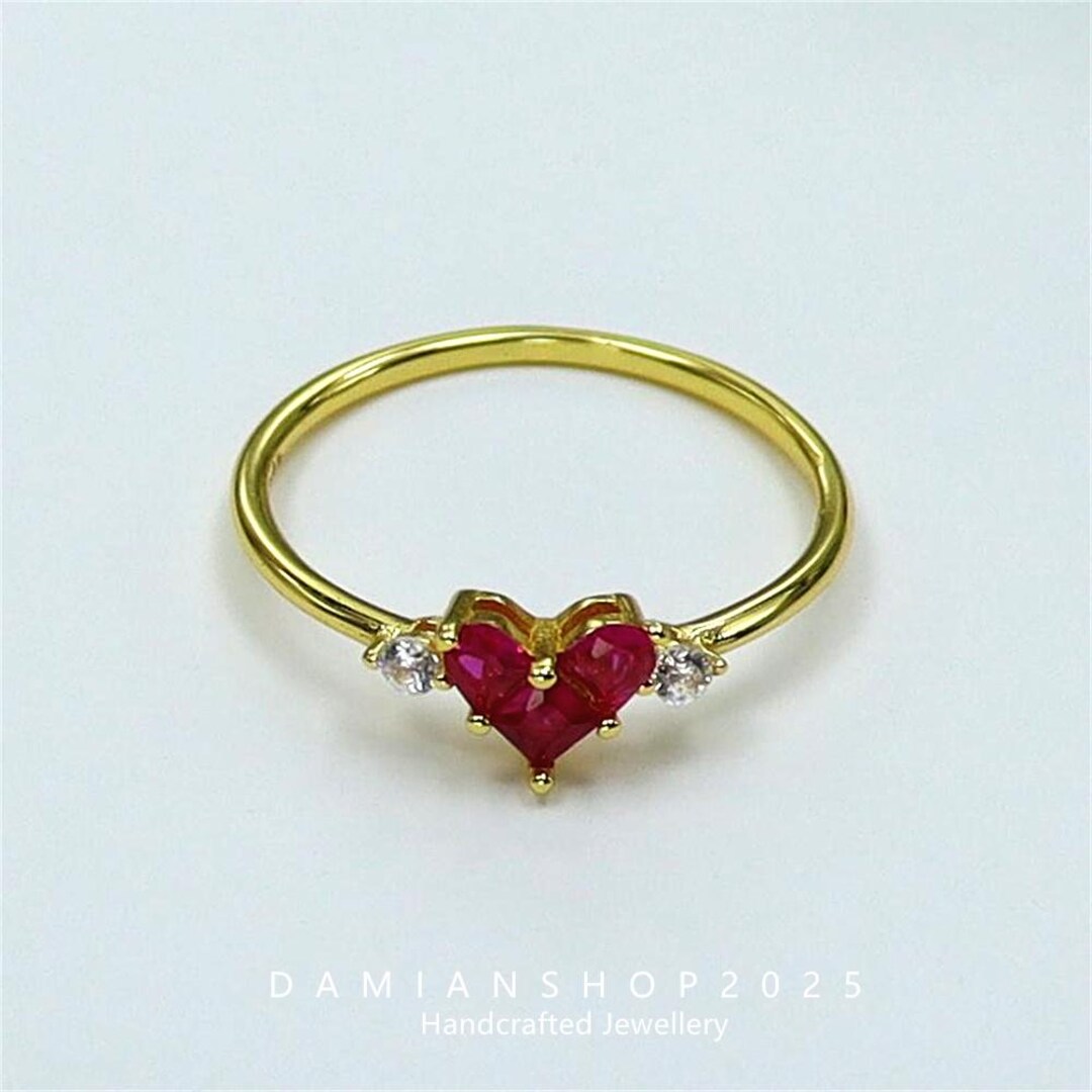 Heart Shape Ruby Ring, Silver Ruby Ring, Red Gemstone Stacking Ring, 14K Gold Ruby Ring, Love ...