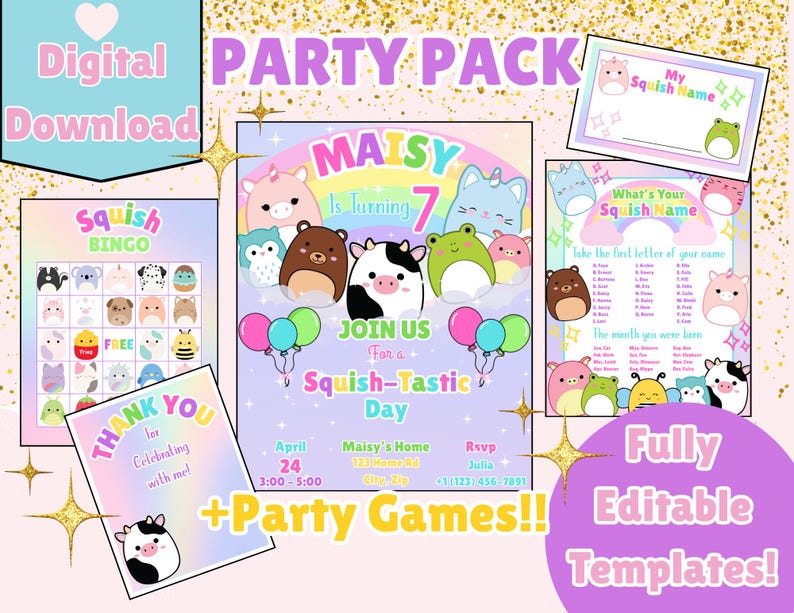 Squishmallow Birthday Invitation: Editable Party Games Invite (digital ...