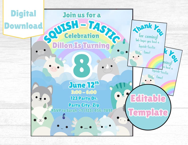 Editable Squishmallow Birthday Invitation: Canva Template (digital ...