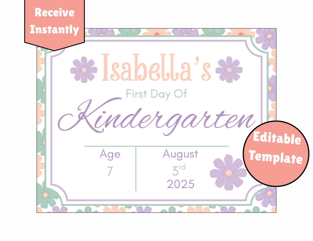 Editable First Day of Kindergarten Sign - Canva Template (digital ...