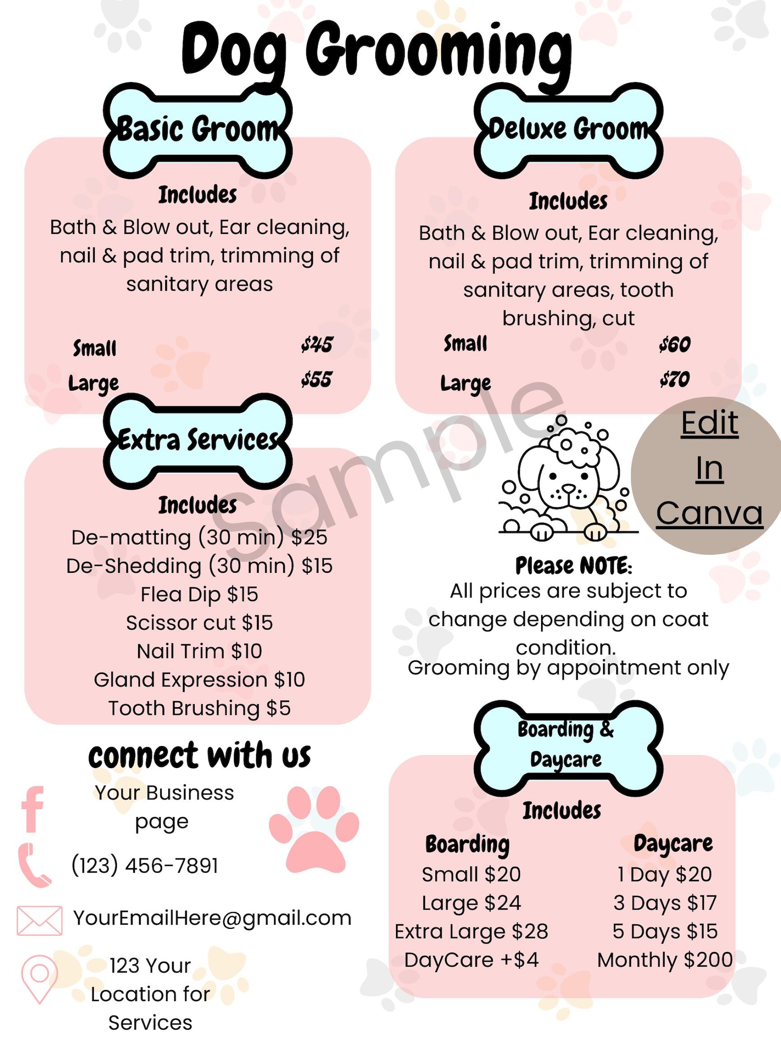 Dog Grooming Price Chart - Etsy