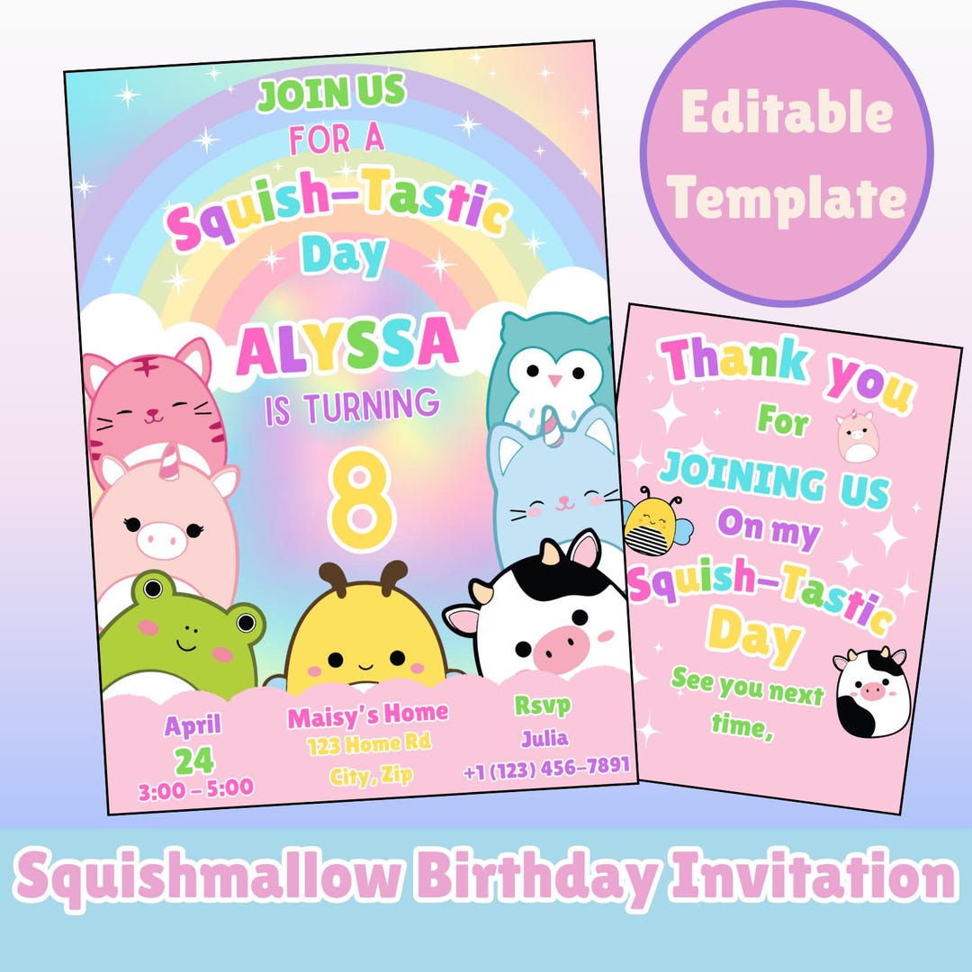 Editable Squishmallow Birthday Invitation: Printable Thank You Card ...