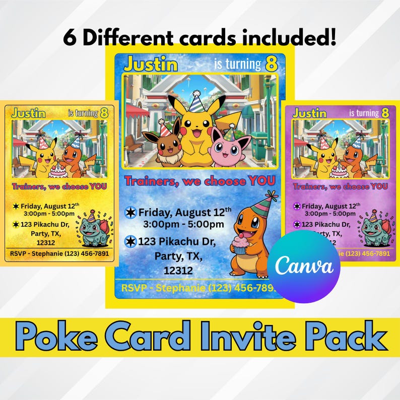 Editable Poke Card Birthday Invitation | Pikachu Charmander Bulbasaur ...