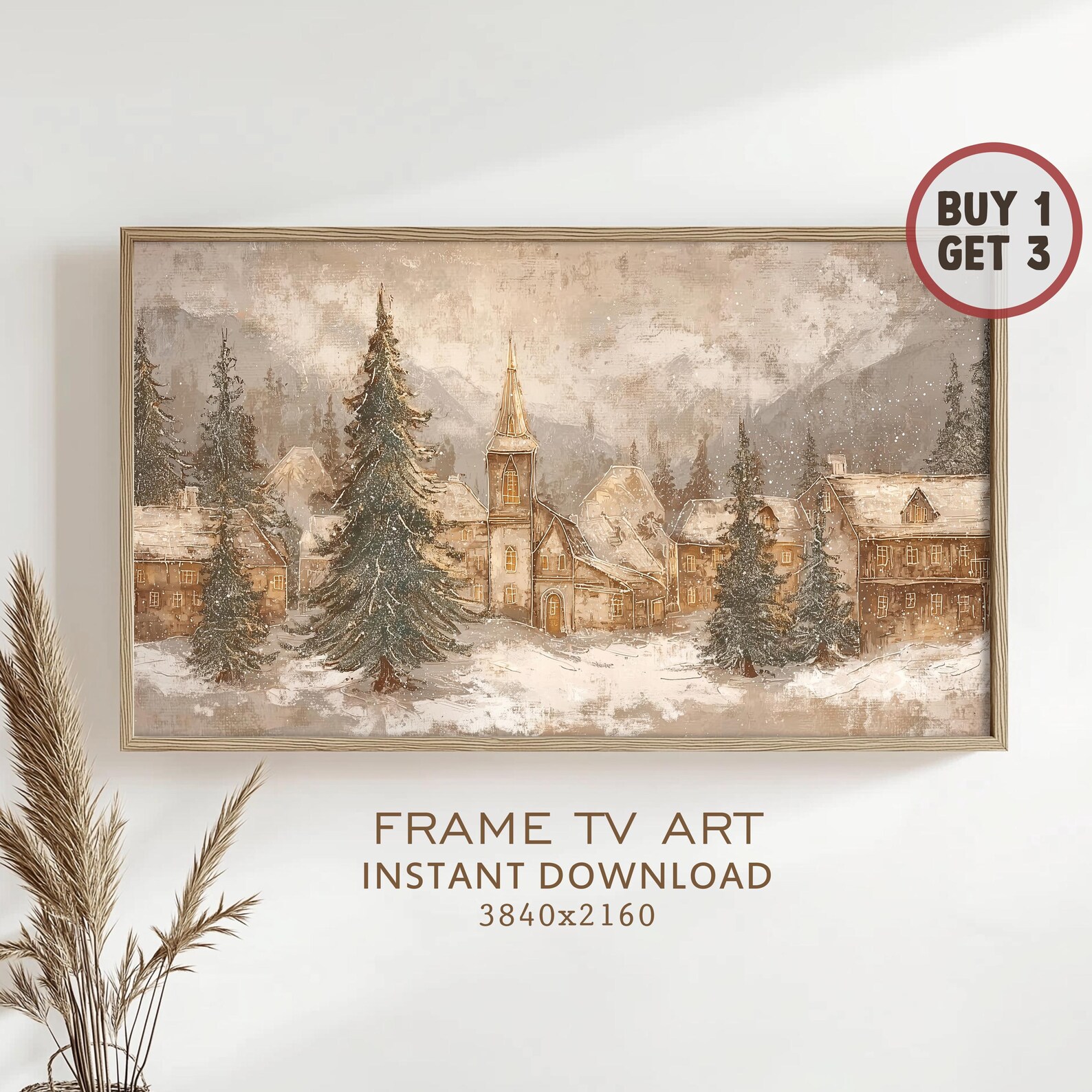 Christmas Winter Village Frame TV Art Snowy Landscape Vintage Painting ...