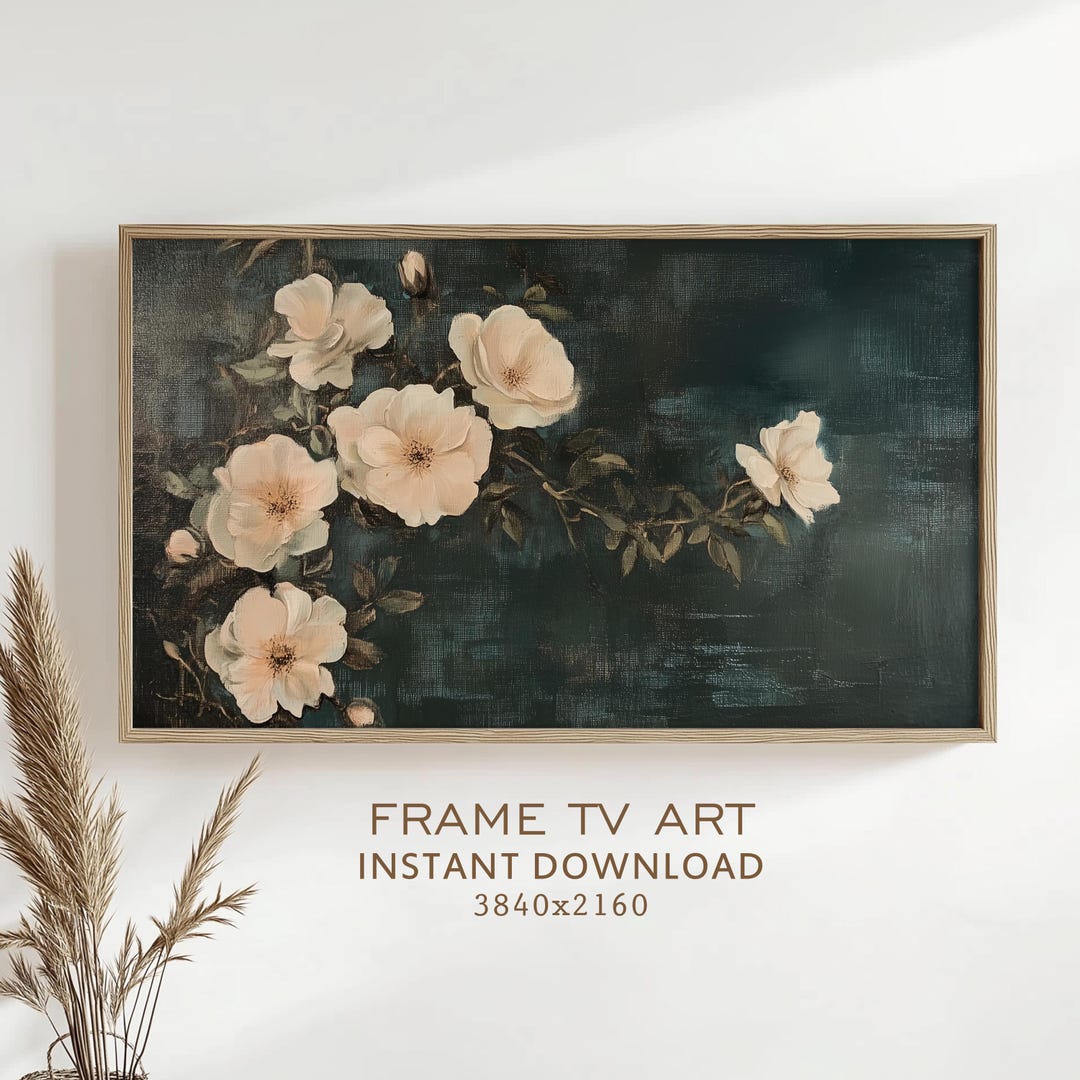 Frame Tv Art Wildflower Antique Painting Flower Dark Green Botanical