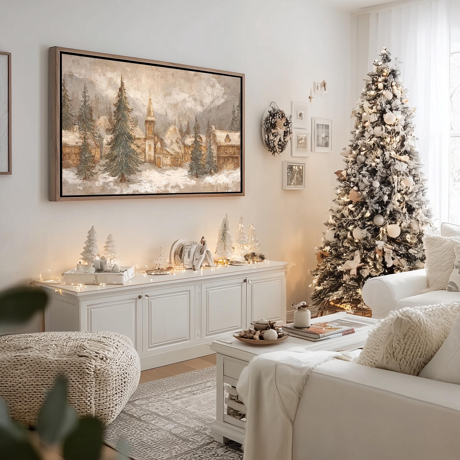 Christmas Winter Village Frame TV Art Snowy Landscape Vintage Painting ...