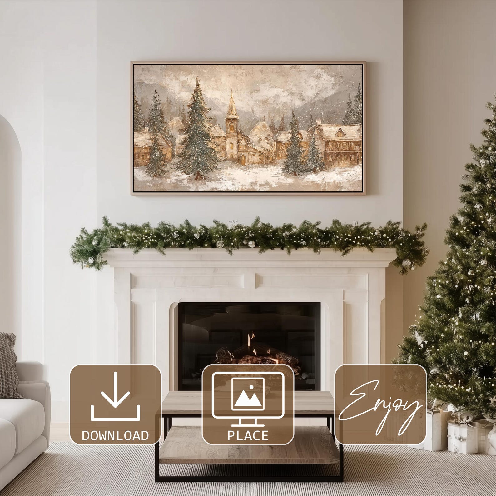 Christmas Winter Village Frame TV Art Snowy Landscape Vintage Painting ...