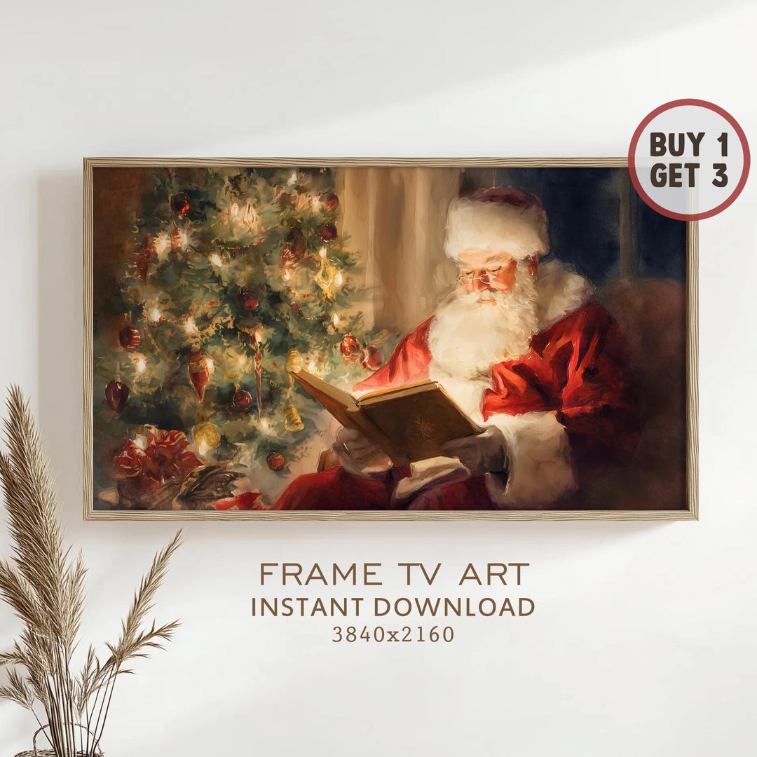 Santa Frame TV Art Painting Vintage Christmas Santa Claus Reading TV ...