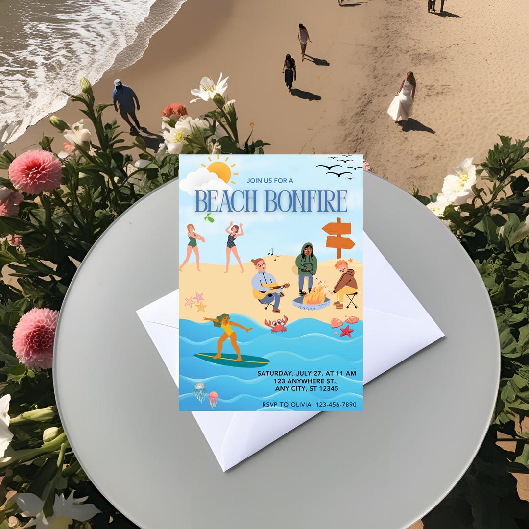 Beach Bonfire Invitation Template | Summer Party Digital Download ...