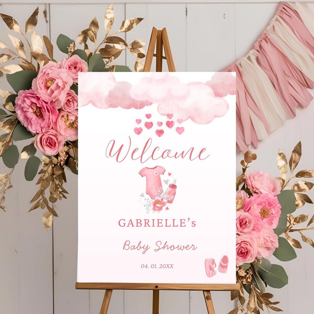 Pink Clouds Baby Shower Welcome Sign | Girl Baby Welcome Poster ...