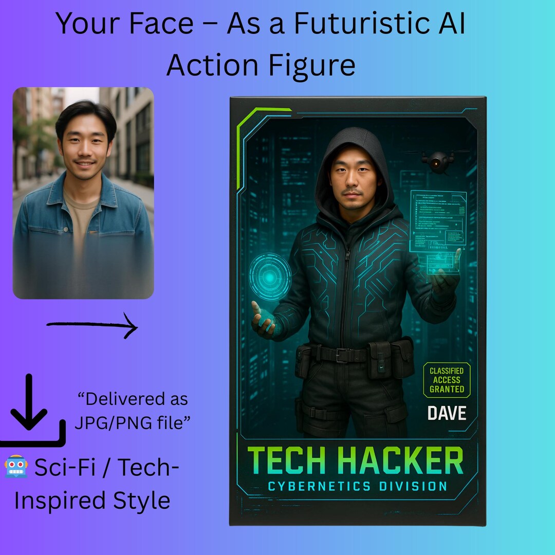 Custom Cyberpunk Action Figure Portrait – Personalized Sci-fi Agent in ...