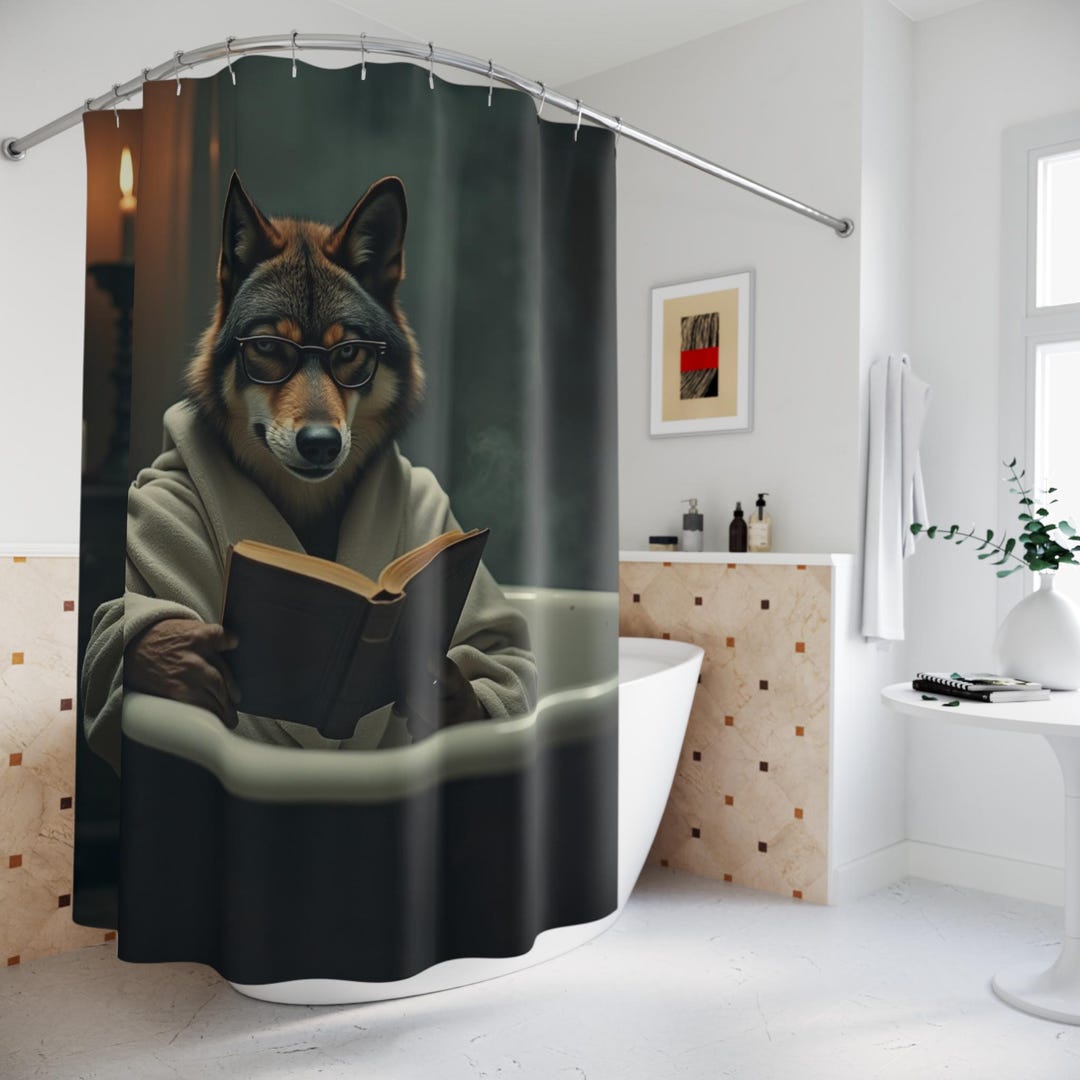 Gothic Wolf Shower Curtain – Dark Academia Bathroom Art, Reading Wolf ...