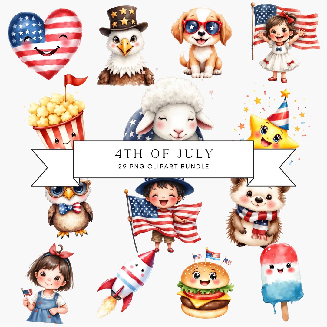 4th of July Clipart Bundle – Cute Kawaii Patriotic PNG Set – 29 USA ...