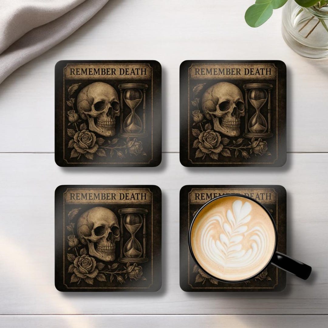 Memento Mori Remember Death Coasters – Set of 4 Square Glossy MDF With ...