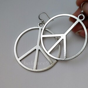 Peace Sign Earrings, Large Peace Sign Hoop Dangles, Sterling Silver ...