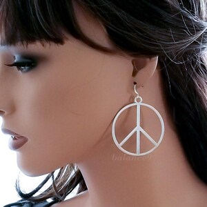 Peace Sign Earrings, Large Peace Sign Hoop Dangles, Sterling Silver ...