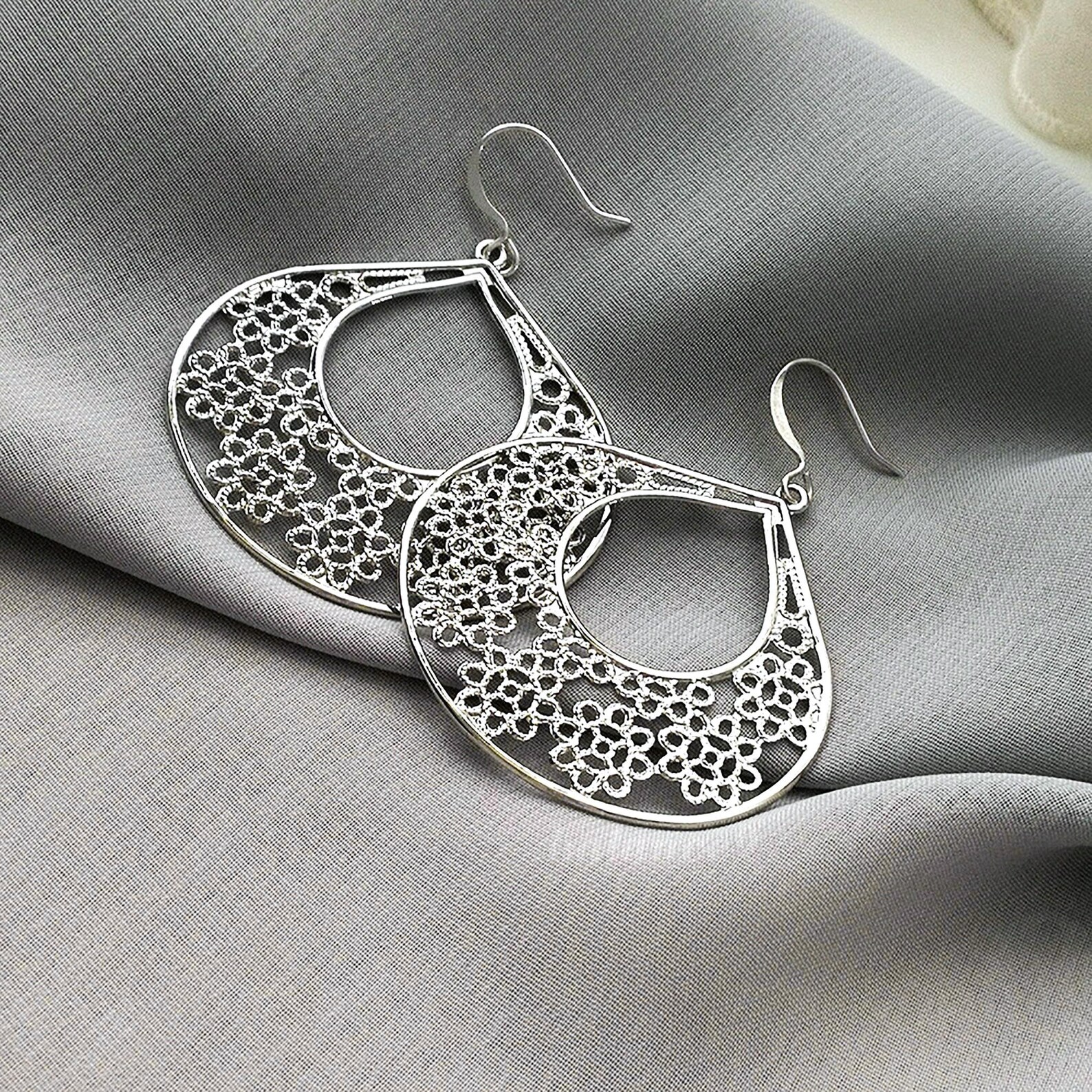 Large Drop Earrings, Filigree Teardrop Lightweight Dangles, Silver or ...