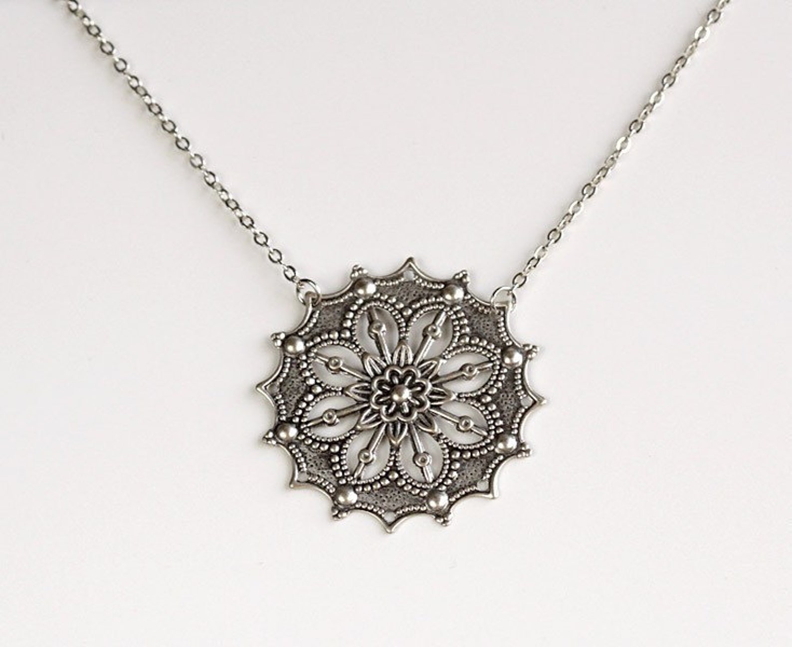 Flower Filigree Necklace Antique Silver Detailed Flower Star - Etsy