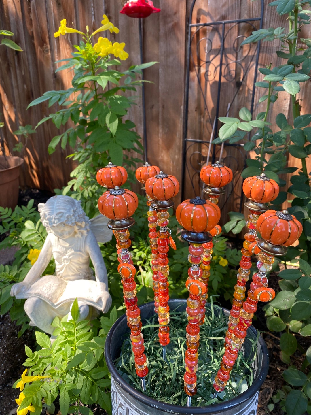 Pumpkin Plant Stick: Beaded Fall Decor, 14" Garden Art - Etsy