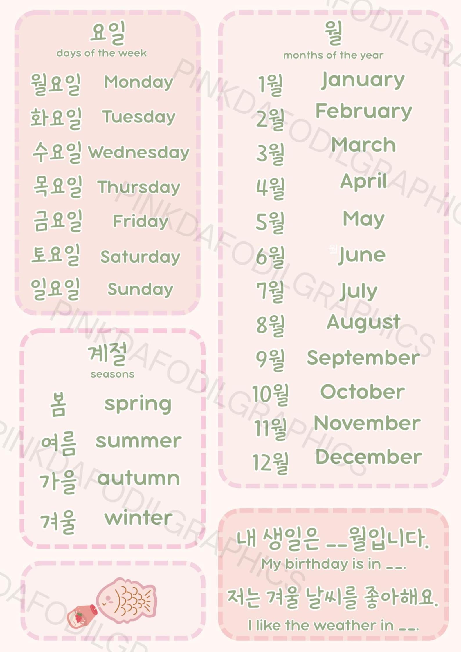 Korean Learning Printable W/ English Translations Cherry Blossom Theme ...