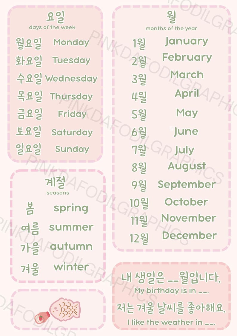 Korean Learning Printable W/ English Translations Cherry Blossom Theme ...