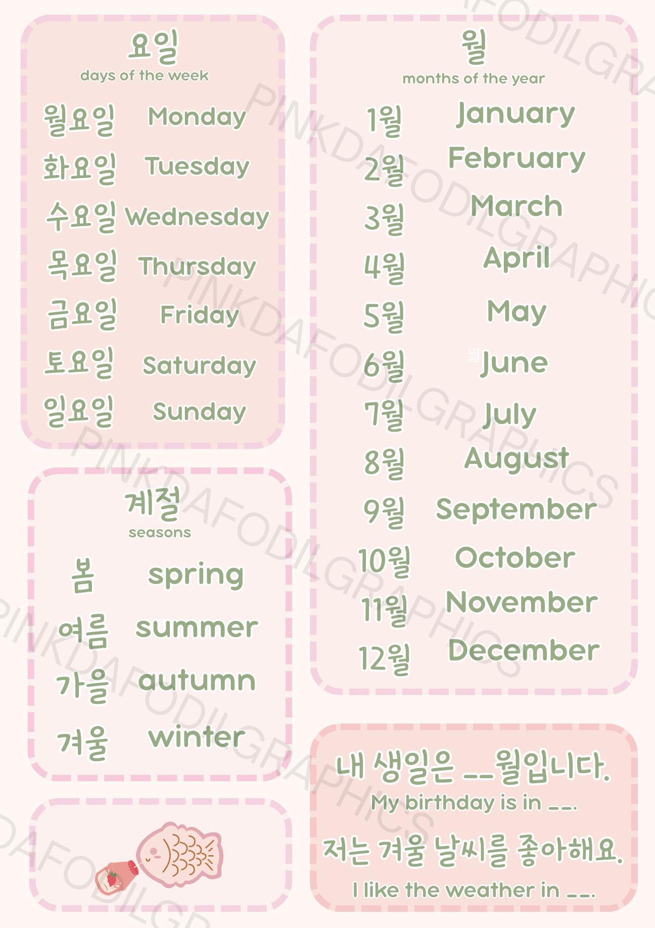 Korean Learning Printable W/ English Translations Cherry Blossom Theme ...