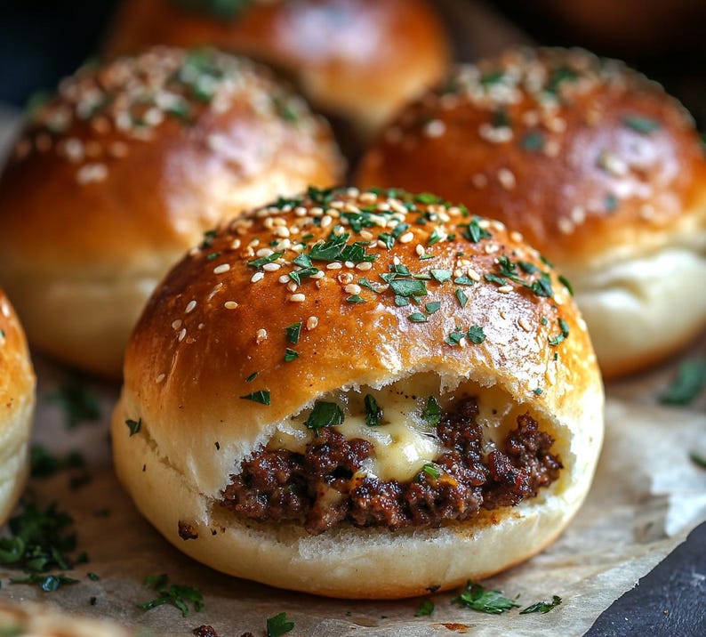 EASY RECIPE for Cheesy Ground Beef Stuffed Buns : Savory Dinner Rolls ...