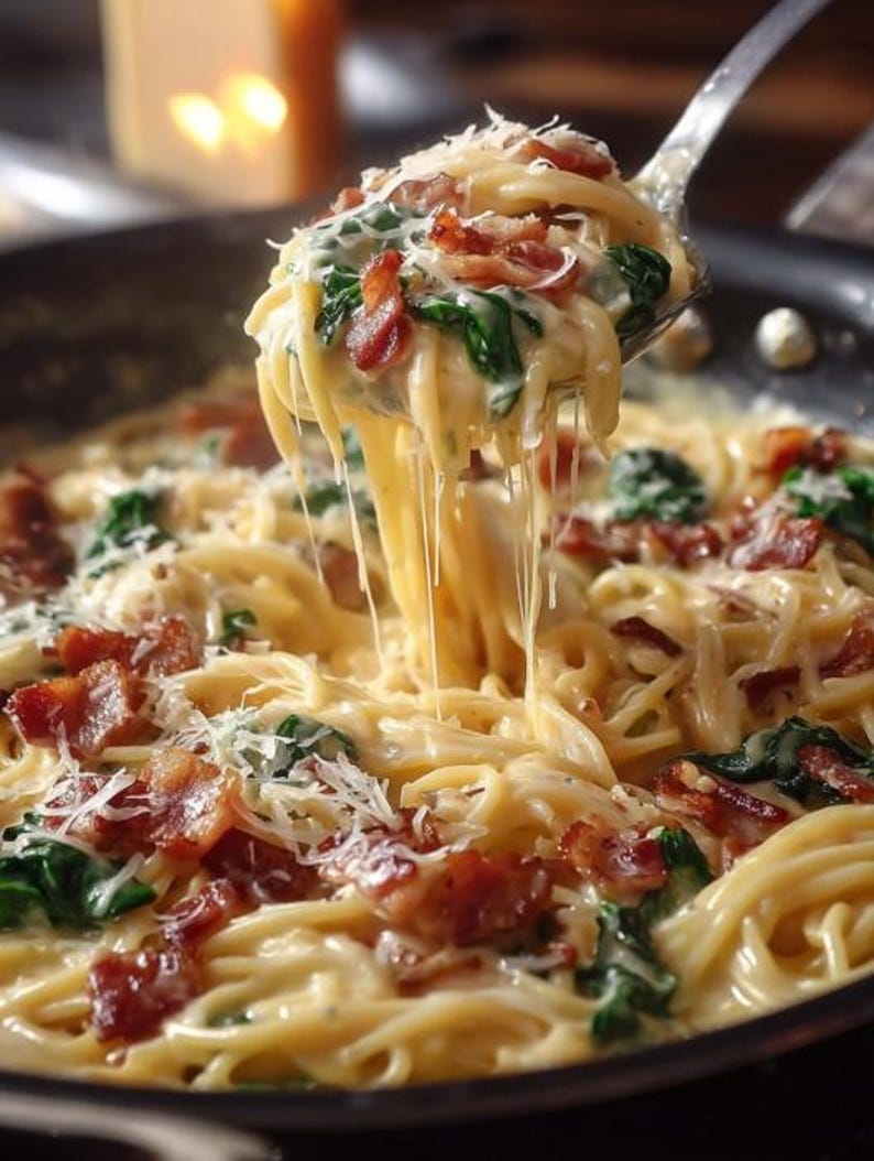EASY RECIPE for Creamy Garlic Parmesan Pasta With Bacon & Spinach (PDF ...