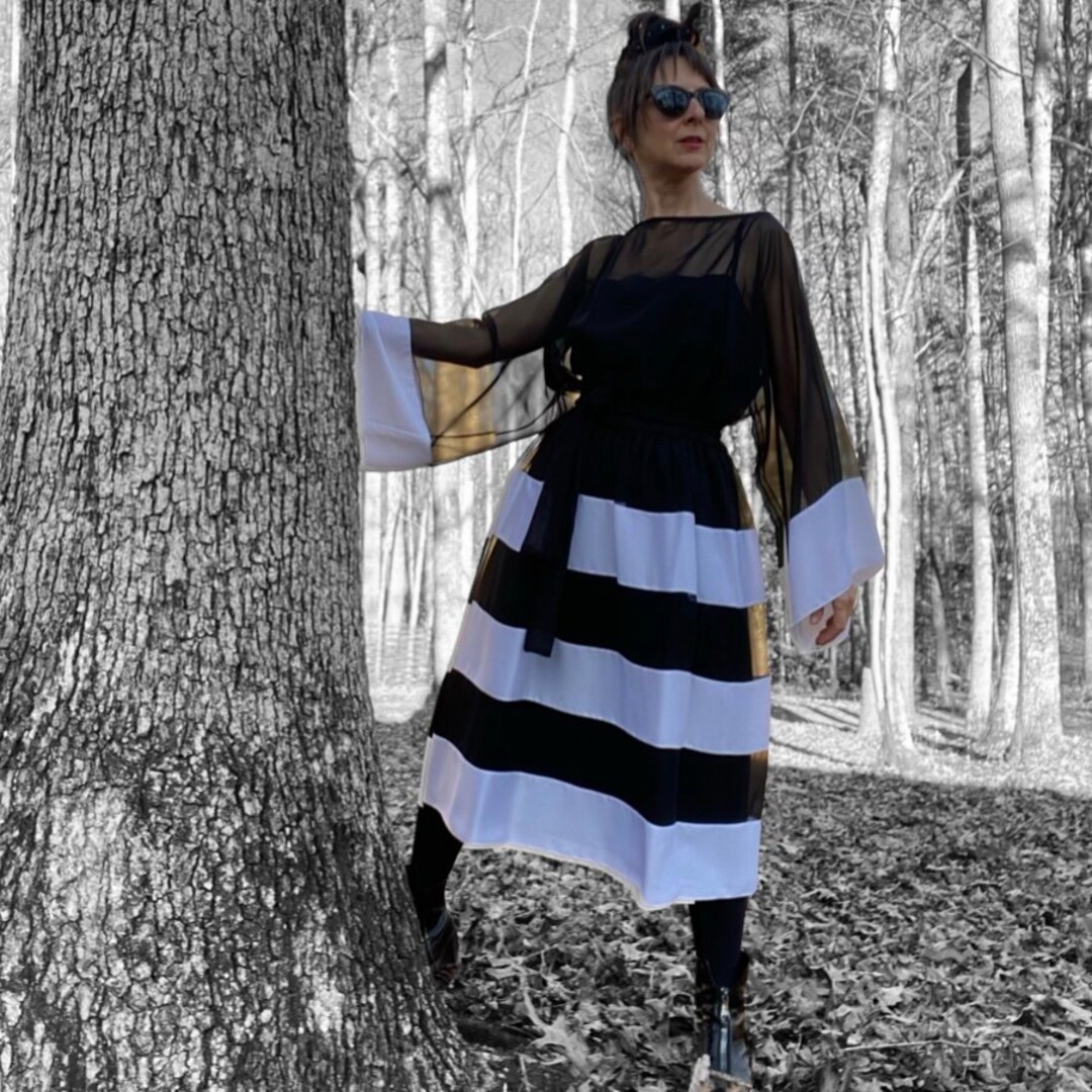 1980s the Gilbert's for Tally Black and White Chiffon and Satin Striped ...