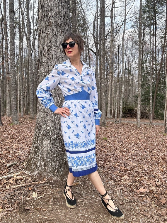 1970s Leslie Fay Blue Floral Dress - Gem