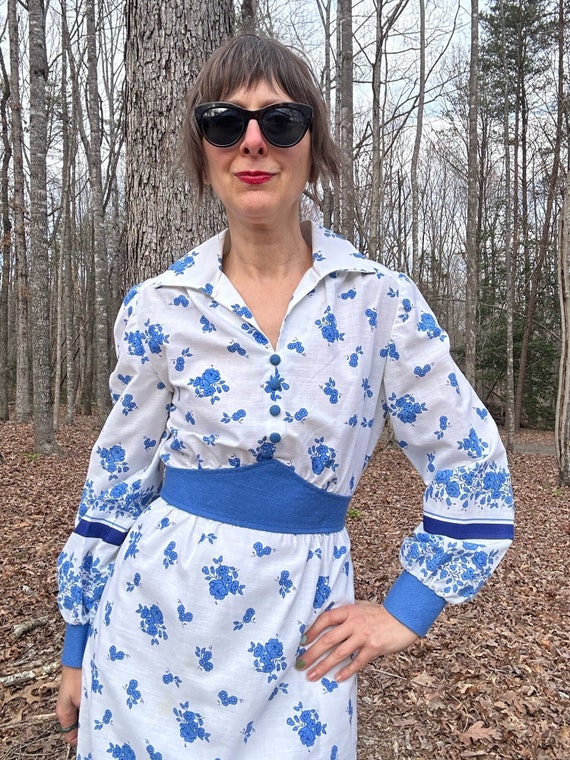 1970s Leslie Fay Blue Floral Dress - Gem