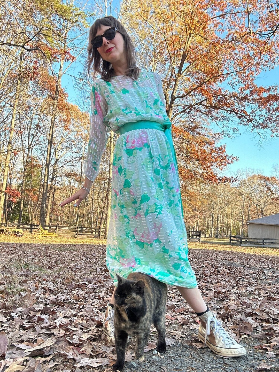 Late 1970s Gentilesse Green Silk Chiffon Floral Dress - Etsy