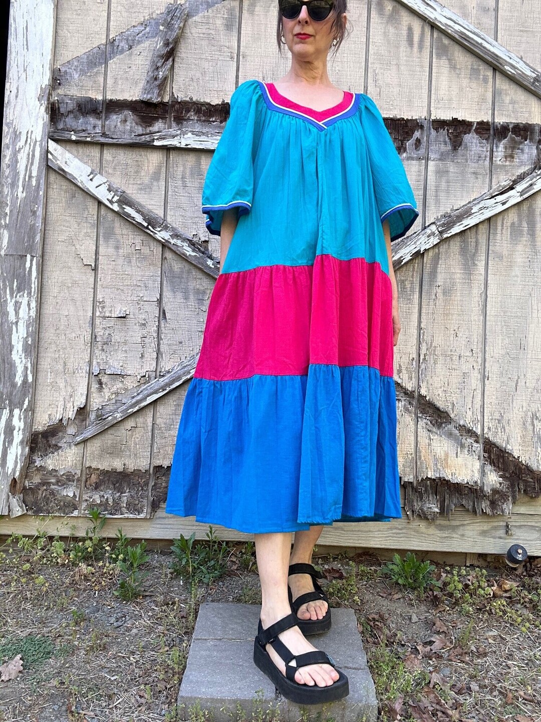1980s Appel Cotton Colorblocked Mumu, M/L - Etsy