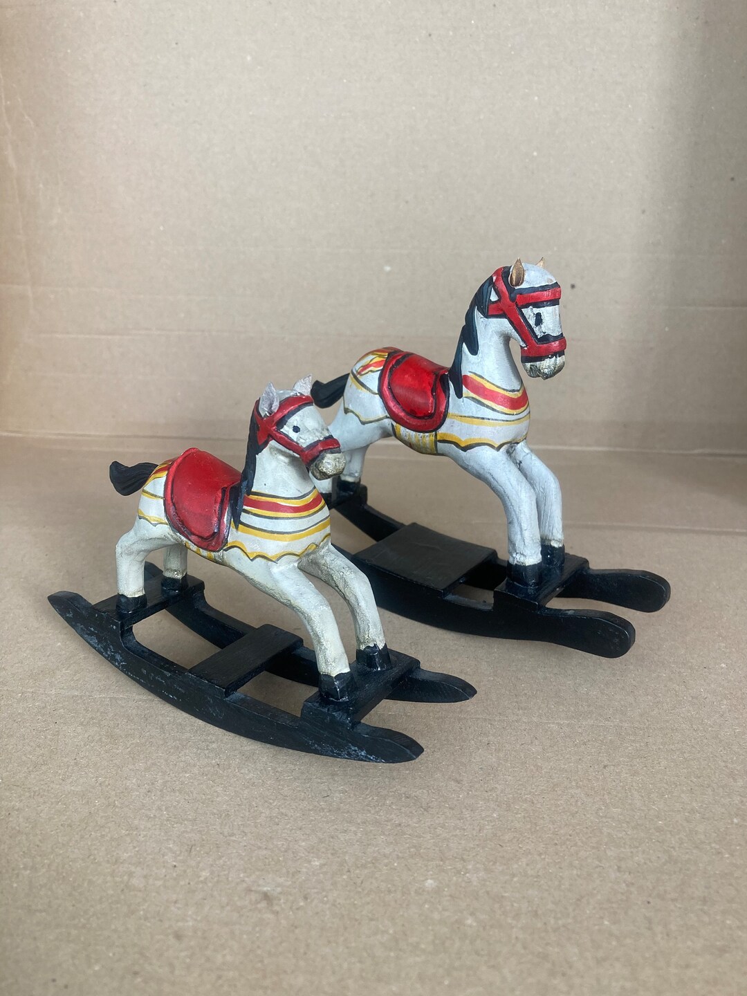 A Pair of Vintage Miniature Hand Made Wooden Rocking Horse Decorated ...