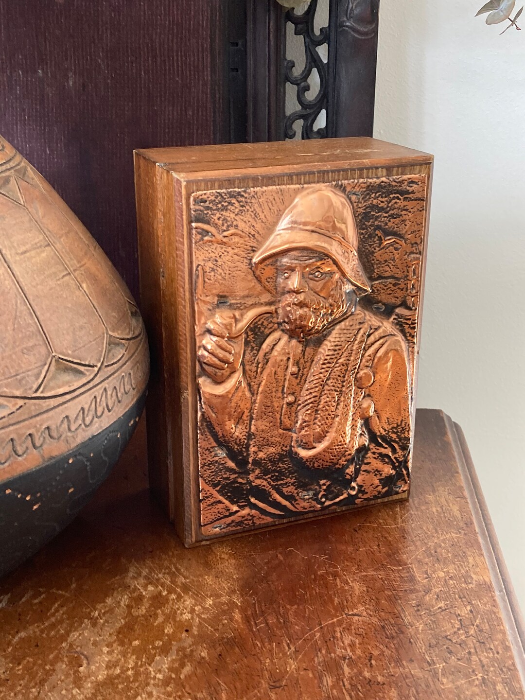 Stunning 3D Raised Image Chased on Copper Fishman With Smoking Pipe ...