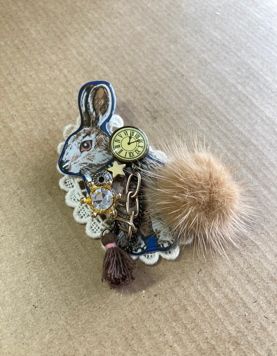 Kitsch Vintage Upcycled Handmade Rabbit Alice in Wonderland Brooch ...