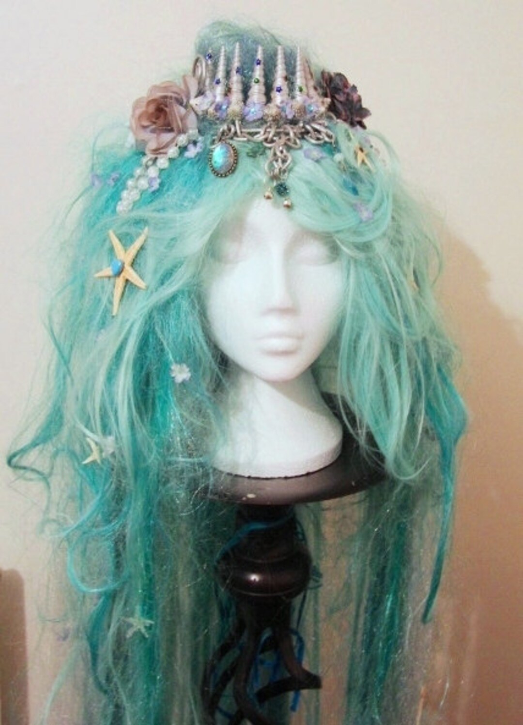 Long Mermaid Wig - Custom Made With Shell Crown + Pearl Beads, Plaits ...
