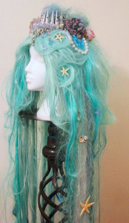 Long Mermaid Wig - Custom Made With Shell Crown + Pearl Beads, Plaits ...